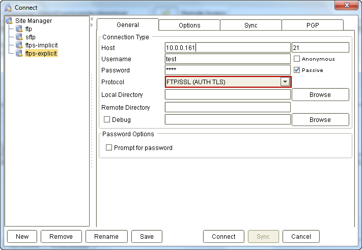 Connecting via FTP/SSL (AUTH TLS)